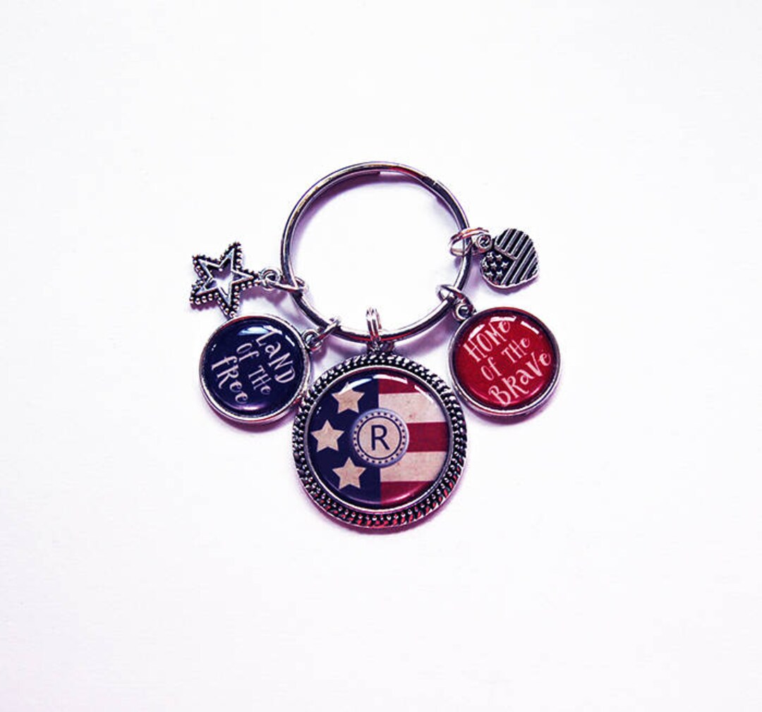 Red White Blue Keychain, Monogram Keychain, USA, Land of the Brave ...