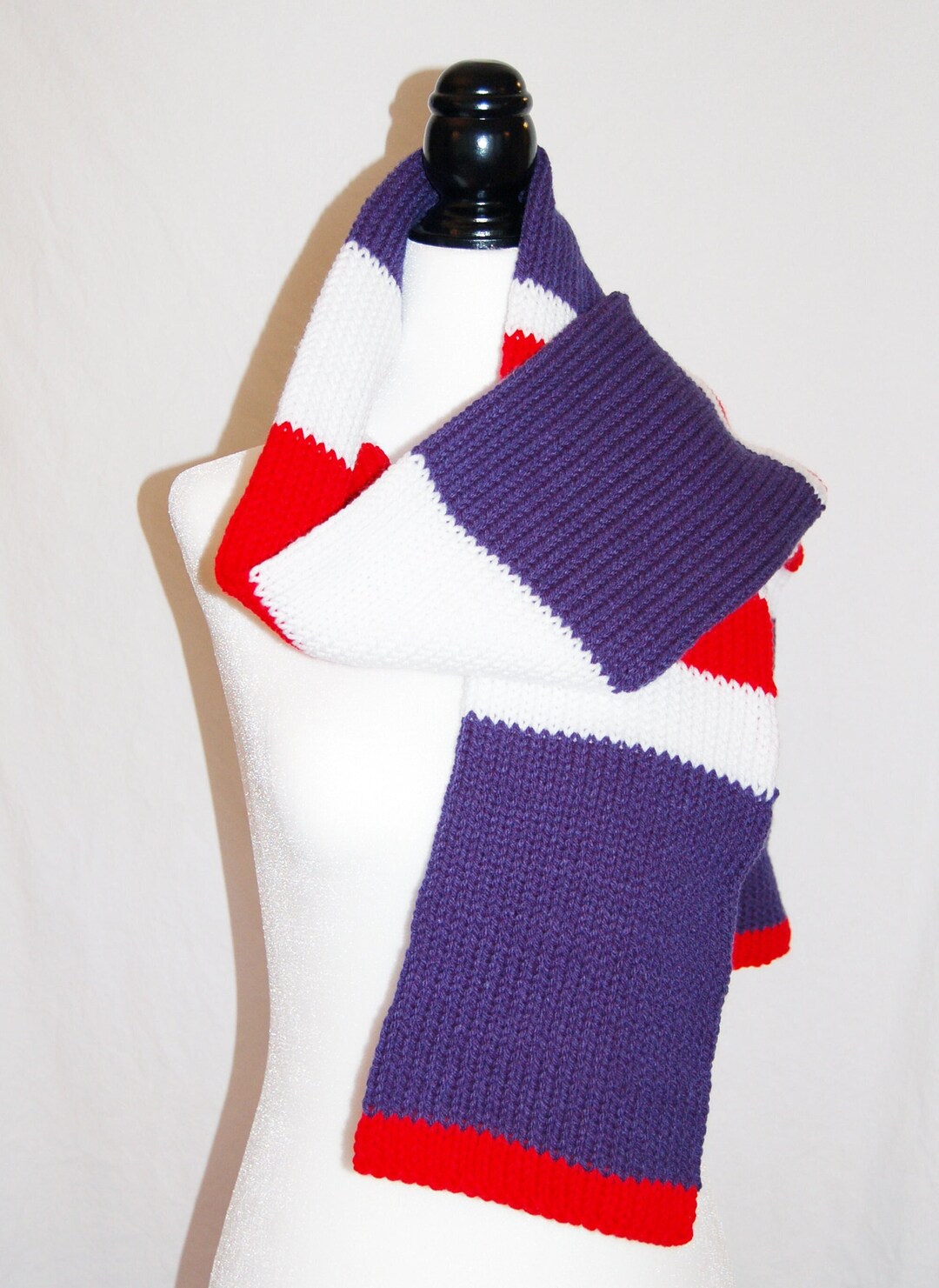 Red, Blue and White Knit Scarf, Winter Scarf in Color Blocks, Handmade ...