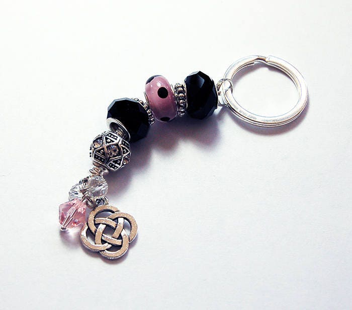 Pink Black Beaded Keychain, Glass Bead Keyring, Keychain for Her ...