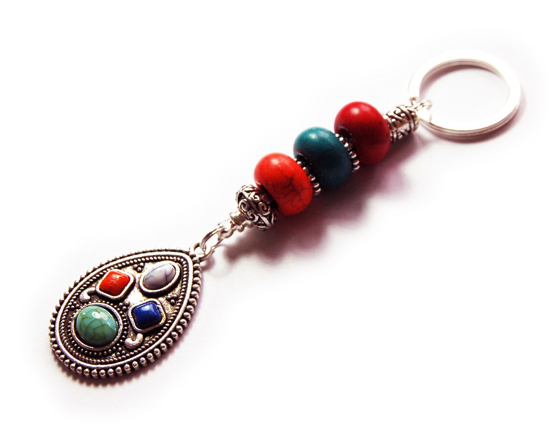 Tibetan Silver Style Beaded Keychain Faux Stone Bead Keyring | Etsy
