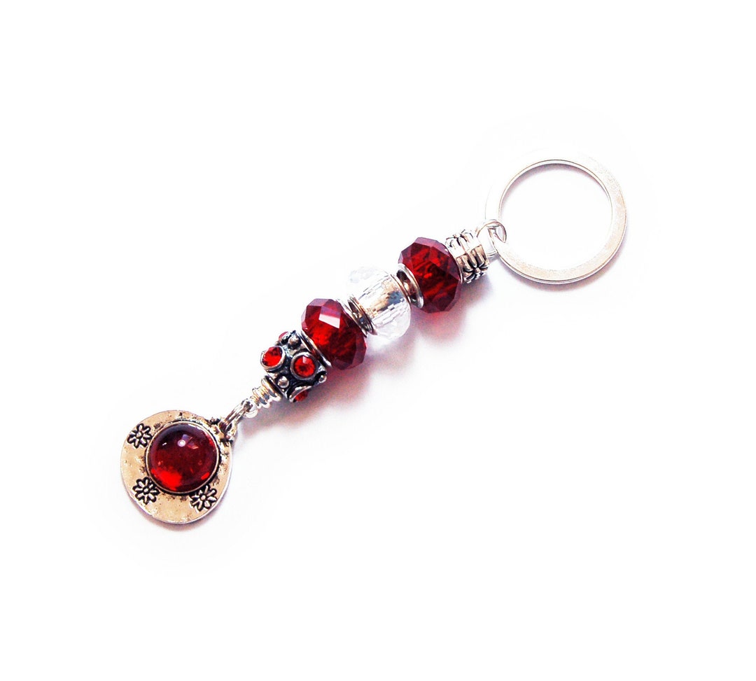 Red and Silver Beaded Keyring for Women, Pretty Keychain With Glass ...