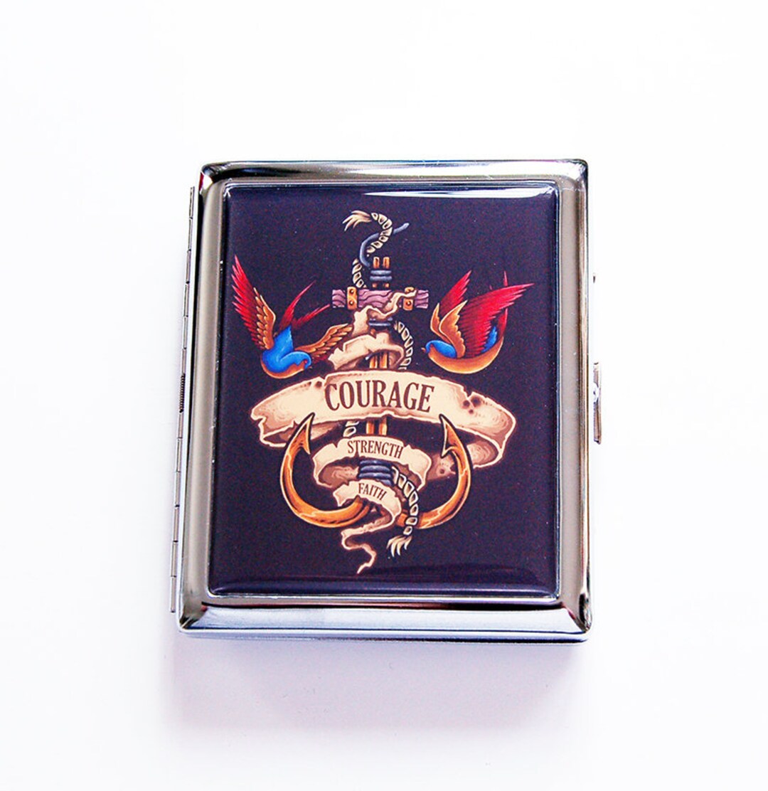 Tattoo Cigarette Case, Courage Strength Faith Cigarette Case, Metal ...