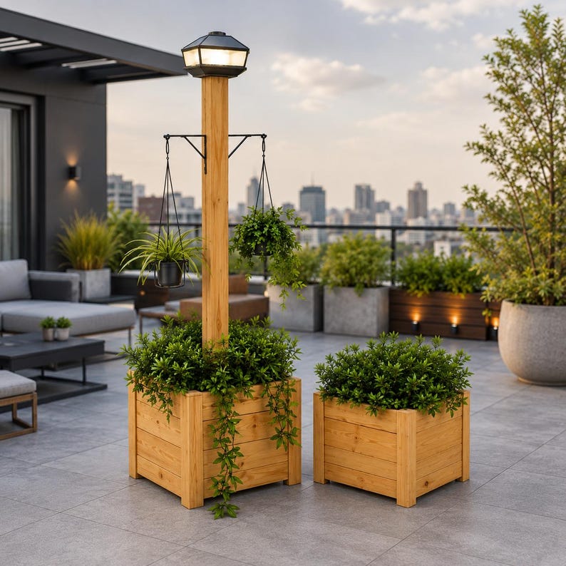 Cedar Planter Box With Light Post | Outdoor Patio Lighting Stand Build ...