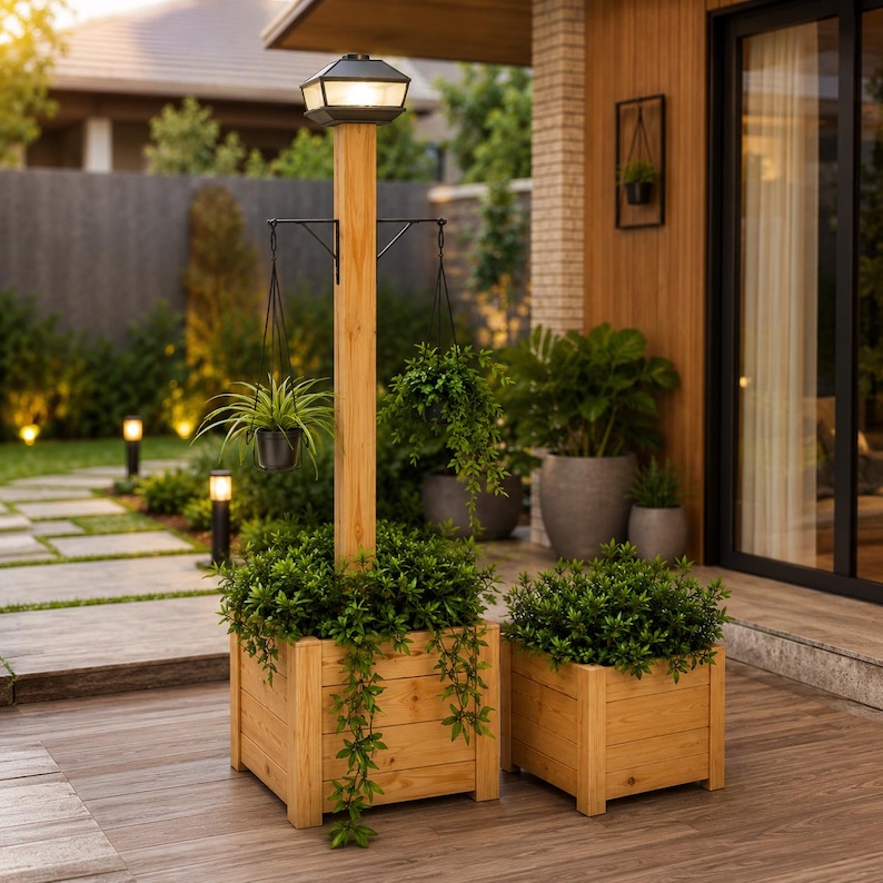 Cedar Planter Box With Light Post | Outdoor Patio Lighting Stand Build ...