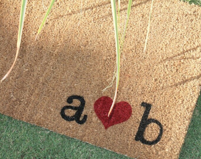 HEARTS & INITIALS DOORMAT Personalized ... Hand Painted Coir Mat With ...