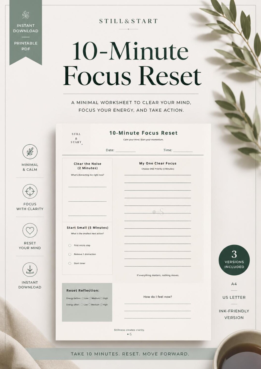 10-minute Focus Reset Printable | Productivity Planner PDF | Brain Dump ...