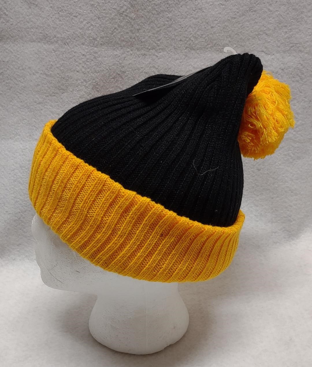 VIBRANT Black and Gold Ribbed Stocking Cap Pom Beanie Adult One Size ...