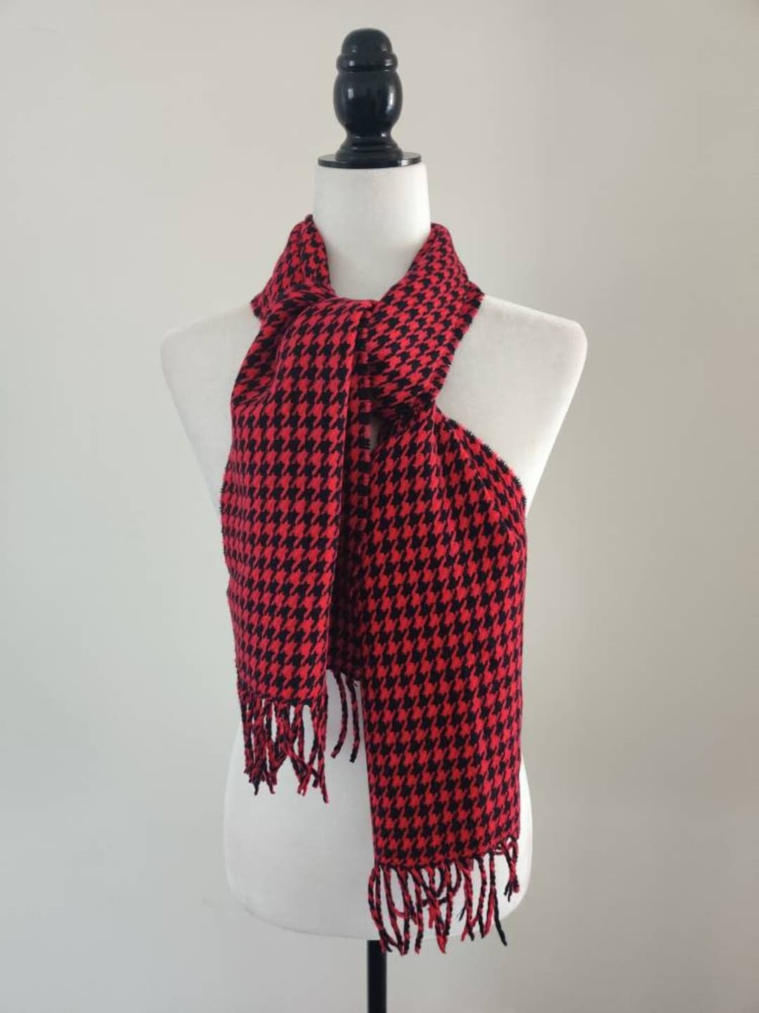 Classic Black/red Houndstooth Cashmere Feel Unisex Adult Fringed Scarf ...