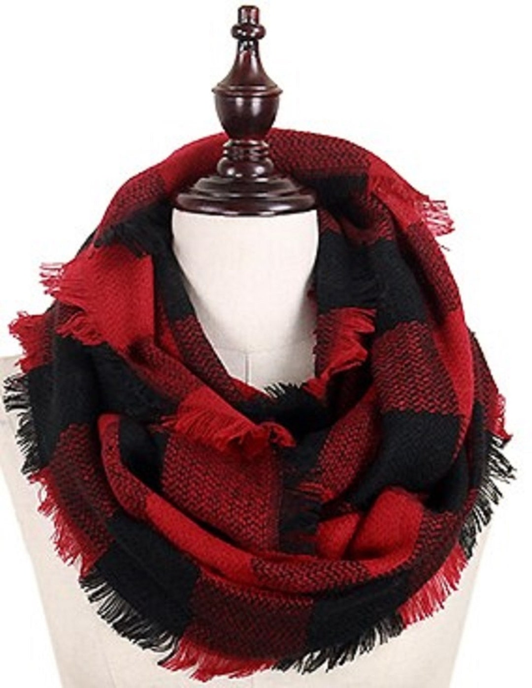 Vibrant Red and Black Buffalo Check Infinity Scarf With Fringe - Etsy