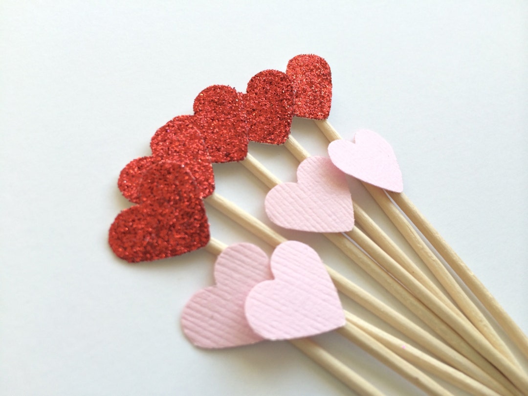 48 Pink and Glitter Red Mini Heart Cupcake Toppers or Food Picks ...