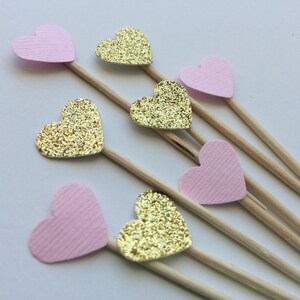 50 MINI Gold and Pink Heart Cupcake Toppers or Food Picks. Weddings ...