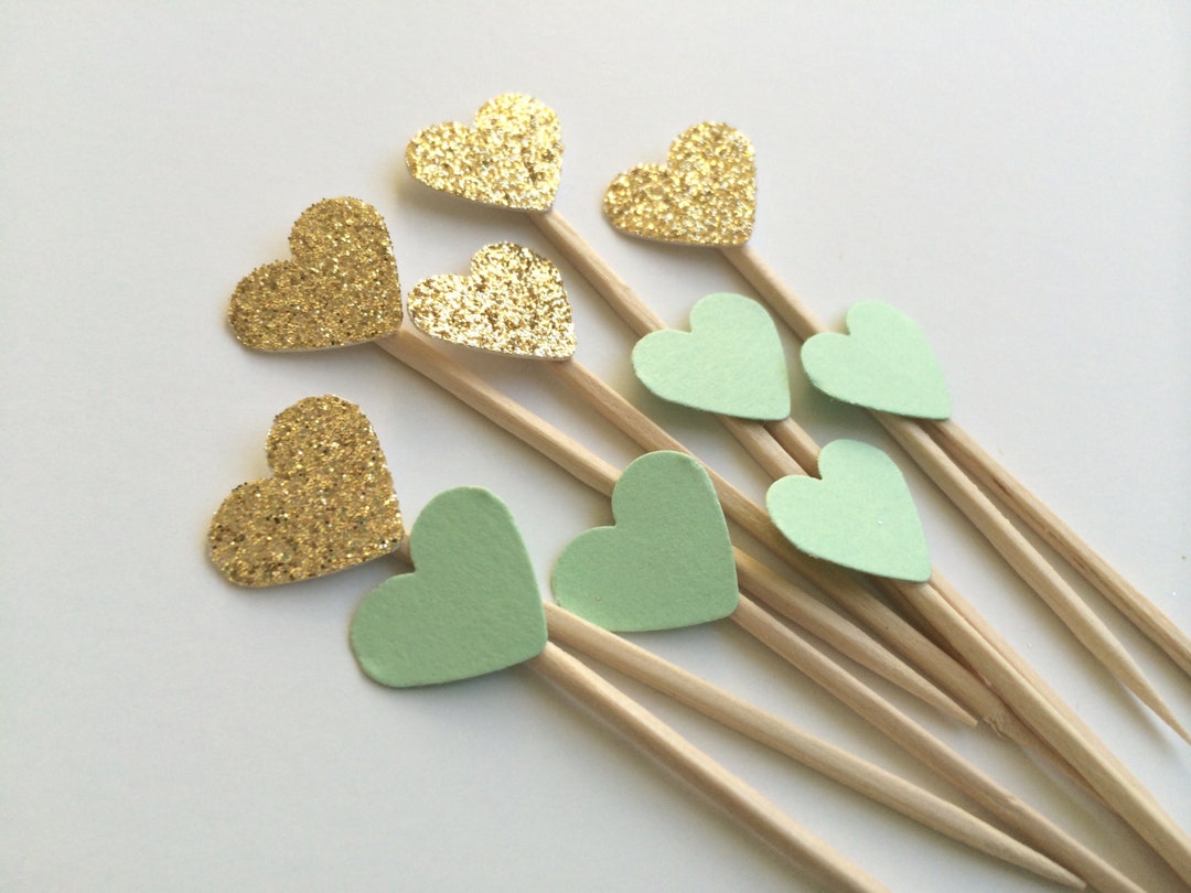 24 Mint & Gold Mini Heart Cupcake Toppers or Food Picks. - Etsy