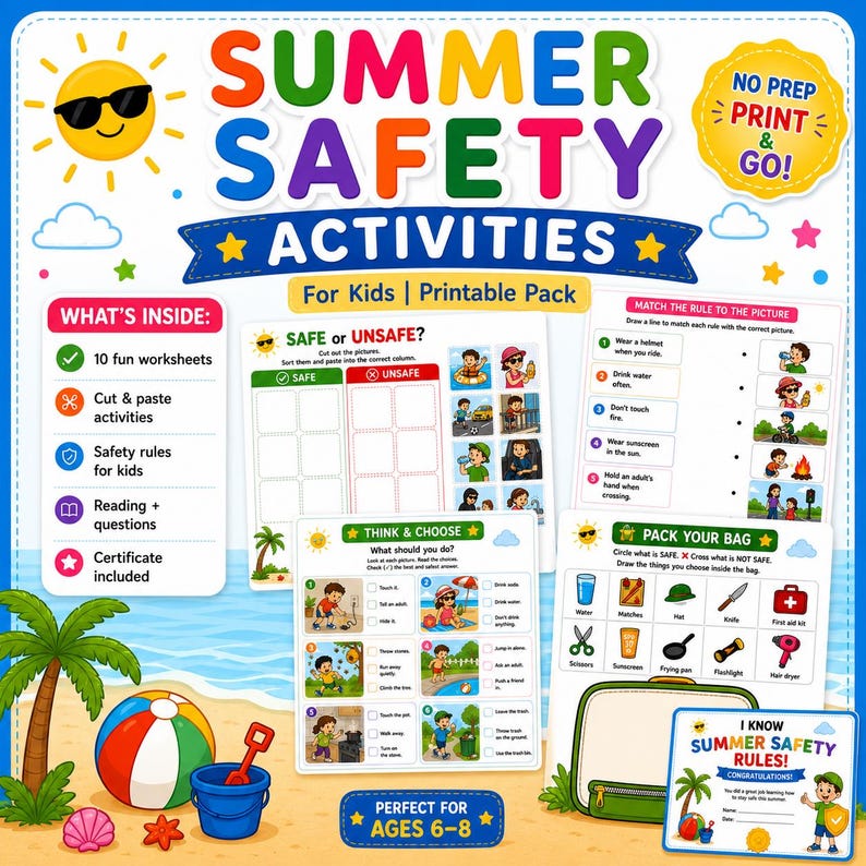 Summer Safety Activities for Kids | Printable Worksheets | No Prep Cut ...