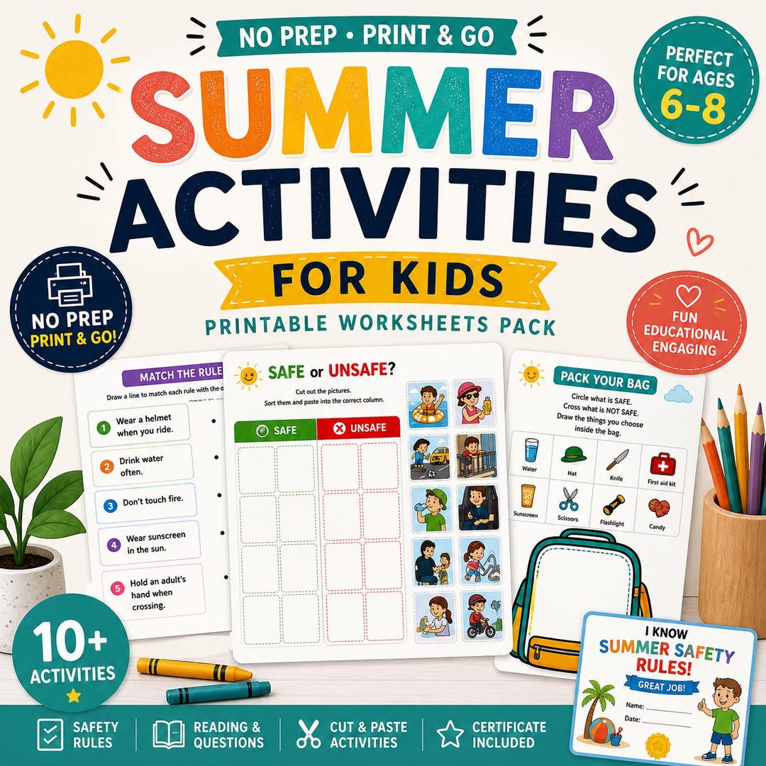 Summer Safety Activities for Kids Printable Worksheets Pack (digital ...