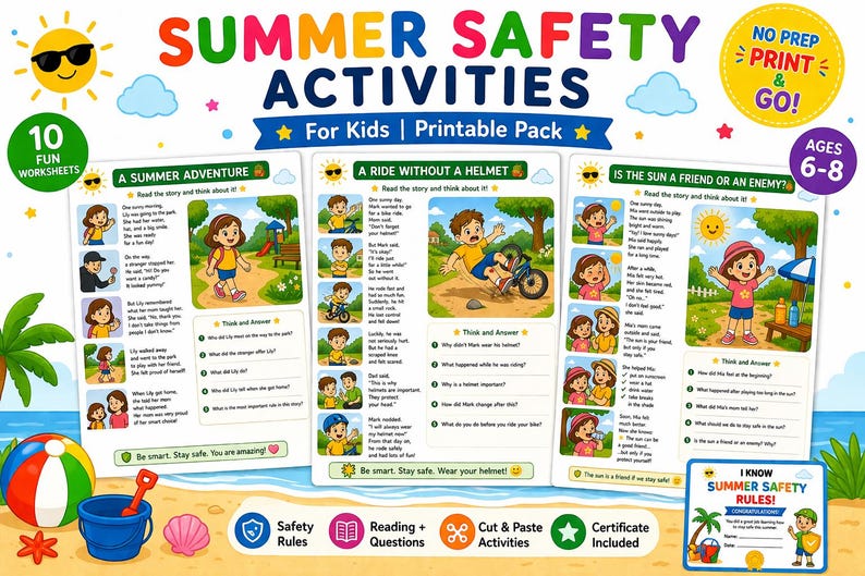 Summer Safety Activities for Kids | Printable Worksheets | No Prep Cut ...