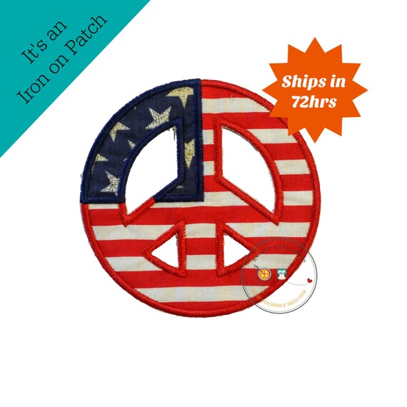 American flag peace sign iron-on applique in red and white stripe and ...