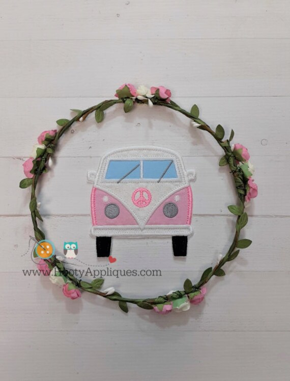 Hippie Van with Peace Sign Iron-on Applique; Pink and White VW Van; For ...