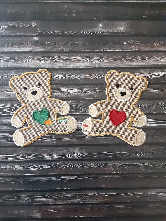 Embroidered Heart Teddy Bears; Iron-on Teddy Bear Applique; Machine ...