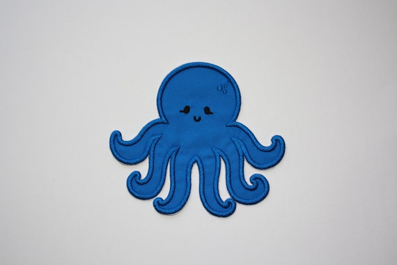 Embroidered Octopus Applique; Blue Octopus Iron-on Patch; Machine Embroidered Octopus; DIY Iron ...