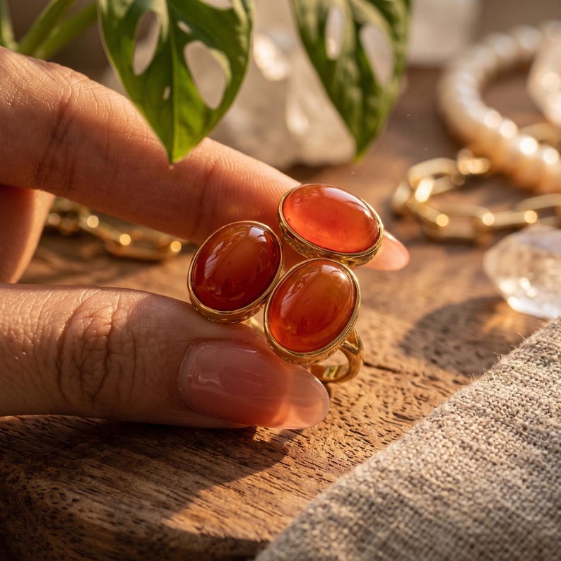 Boho Double Stone Ring | Natural Aventurine Agate Gold Plated ...