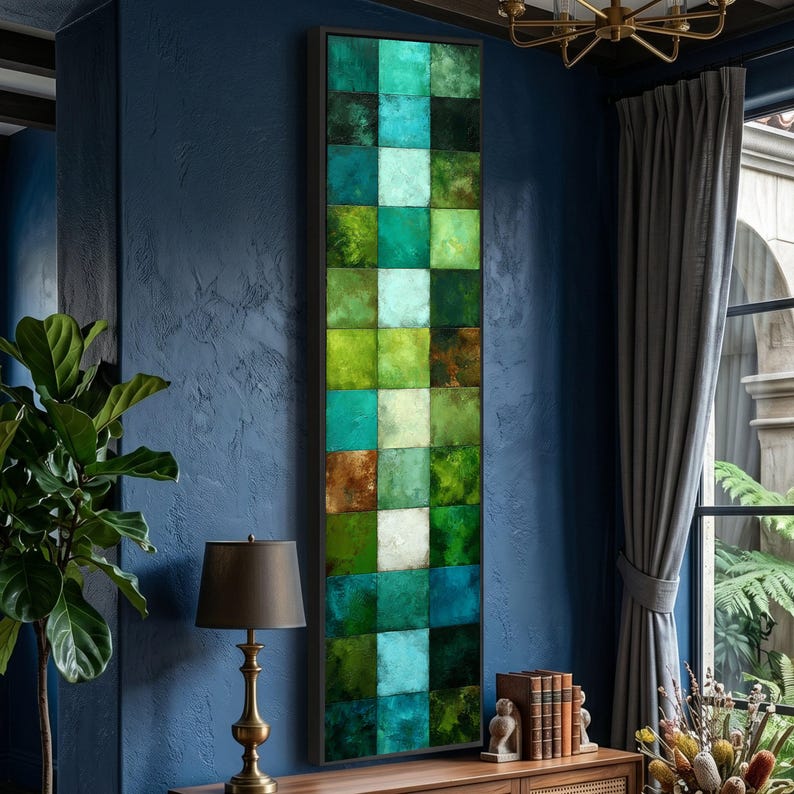 Long Narrow, Abstract Color Block Canvas, Green Blue Wall Art, Modern ...