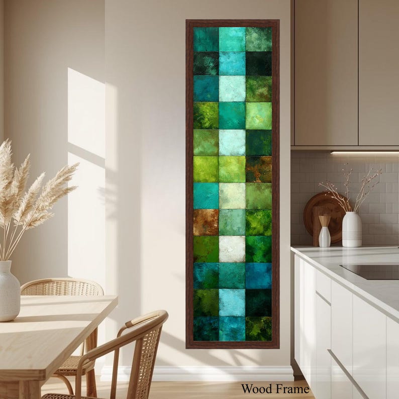 Long Narrow, Abstract Color Block Canvas, Green Blue Wall Art, Modern ...