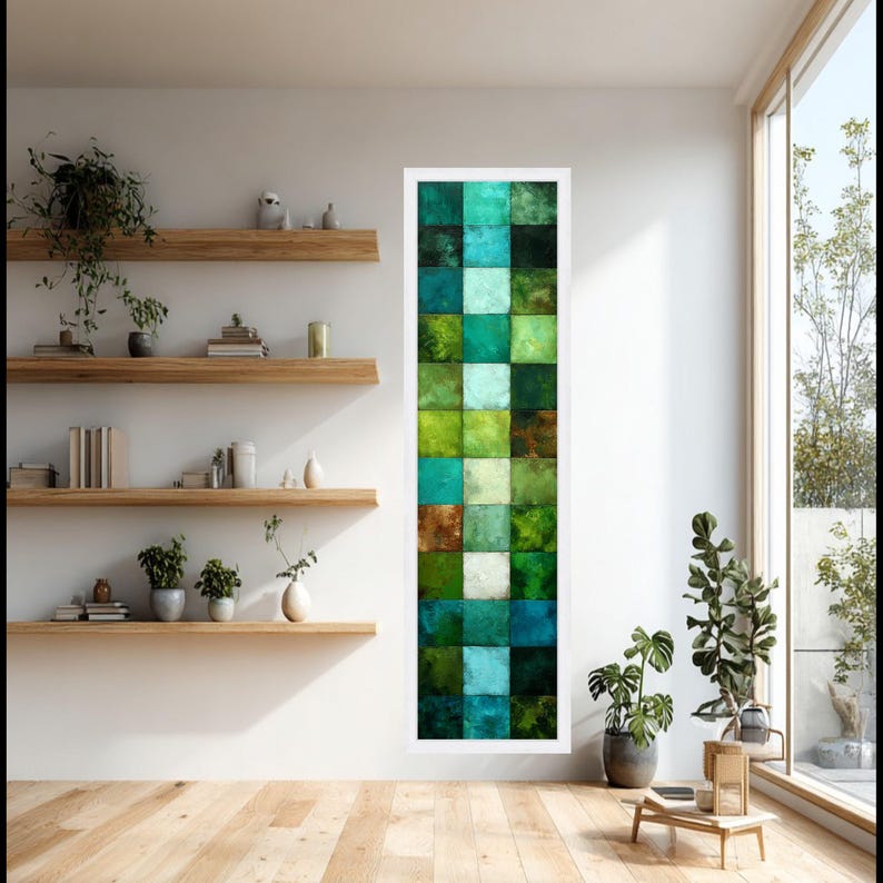Long Narrow, Abstract Color Block Canvas, Green Blue Wall Art, Modern ...