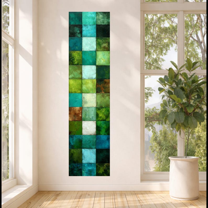 Long Narrow, Abstract Color Block Canvas, Green Blue Wall Art, Modern ...