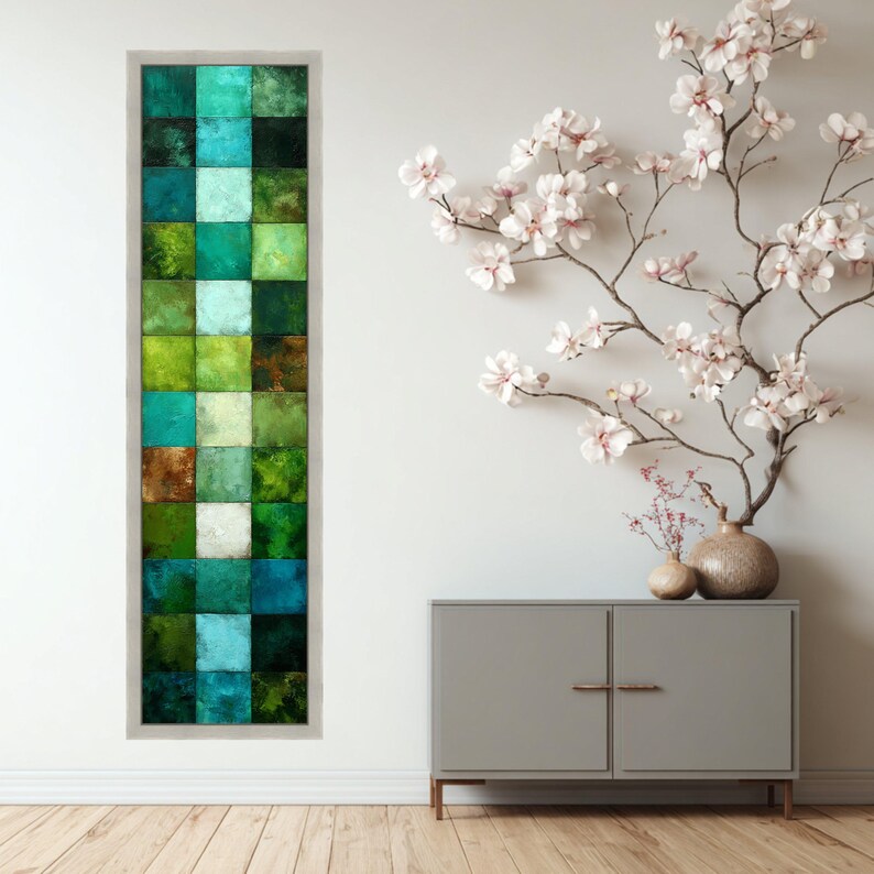 Long Narrow, Abstract Color Block Canvas, Green Blue Wall Art, Modern ...