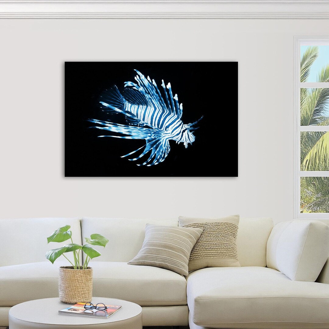 Lionfish Wall Art, Dramatic Coastal Art, Modern Blue Fish Print, Black ...