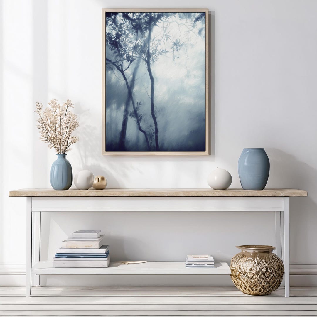 Foggy Forest Trees Art Print: Navy Blue Gray Nature Painting - Etsy