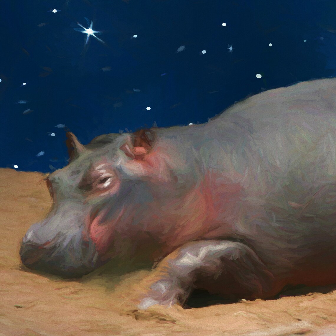 Sleepy Baby Hippo Starry Night Stars & Moon Hippopotamus - Etsy