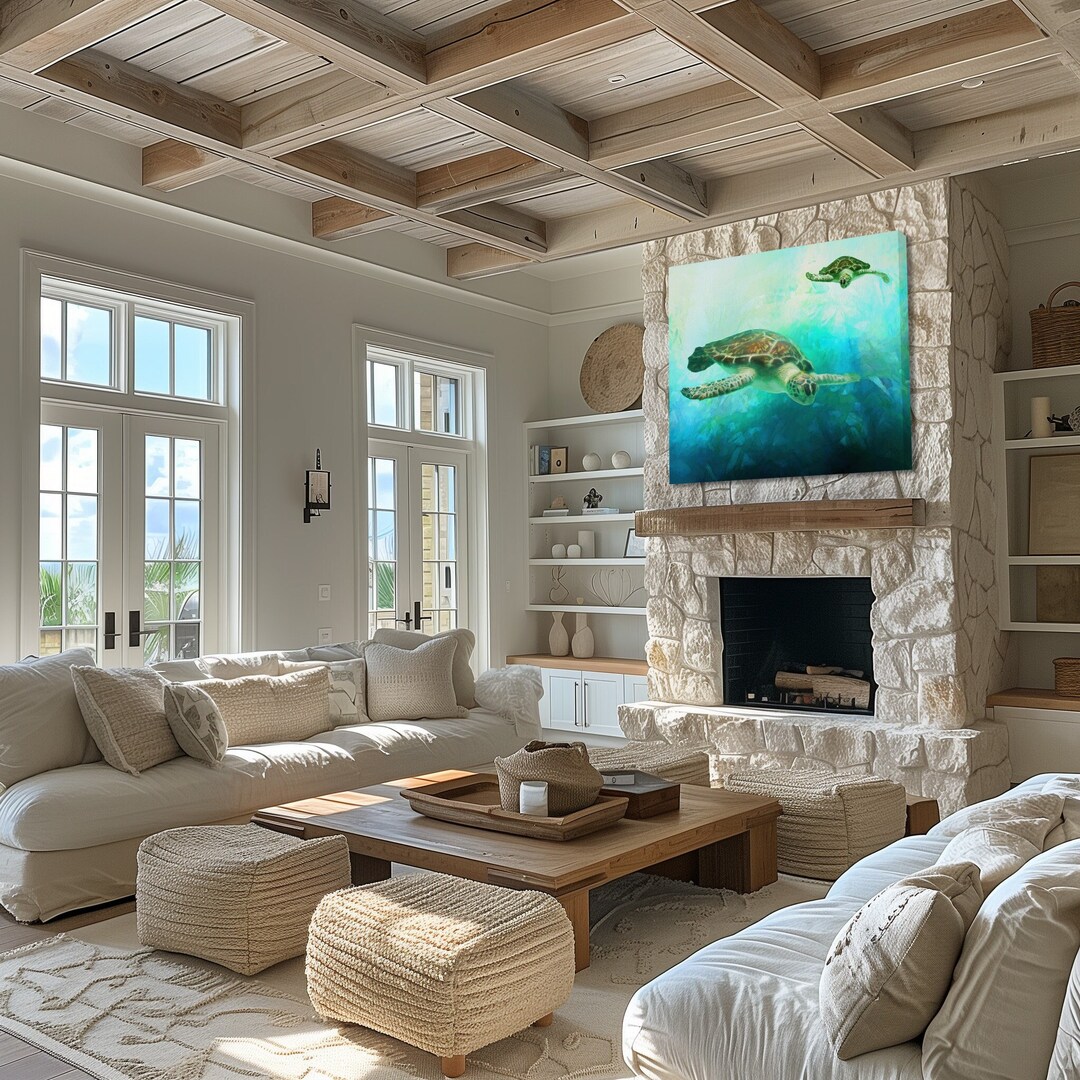 Sea Turtle Art, Nautical Beach Decor, Sea Turtle Painting, Blue Coastal ...