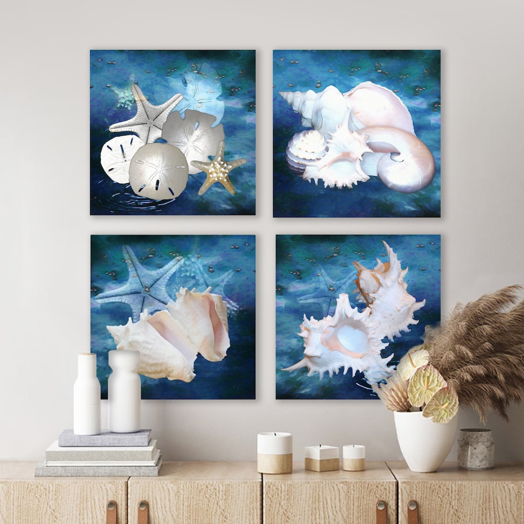 Blue & White Seashell Wall Art Set: Coastal Beach Decor - Etsy