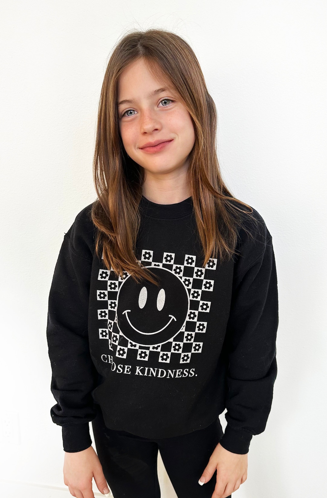 Smiley Checkered Girls Sweatshirt, Kids Smiley Face Sweatshirt, Girls ...