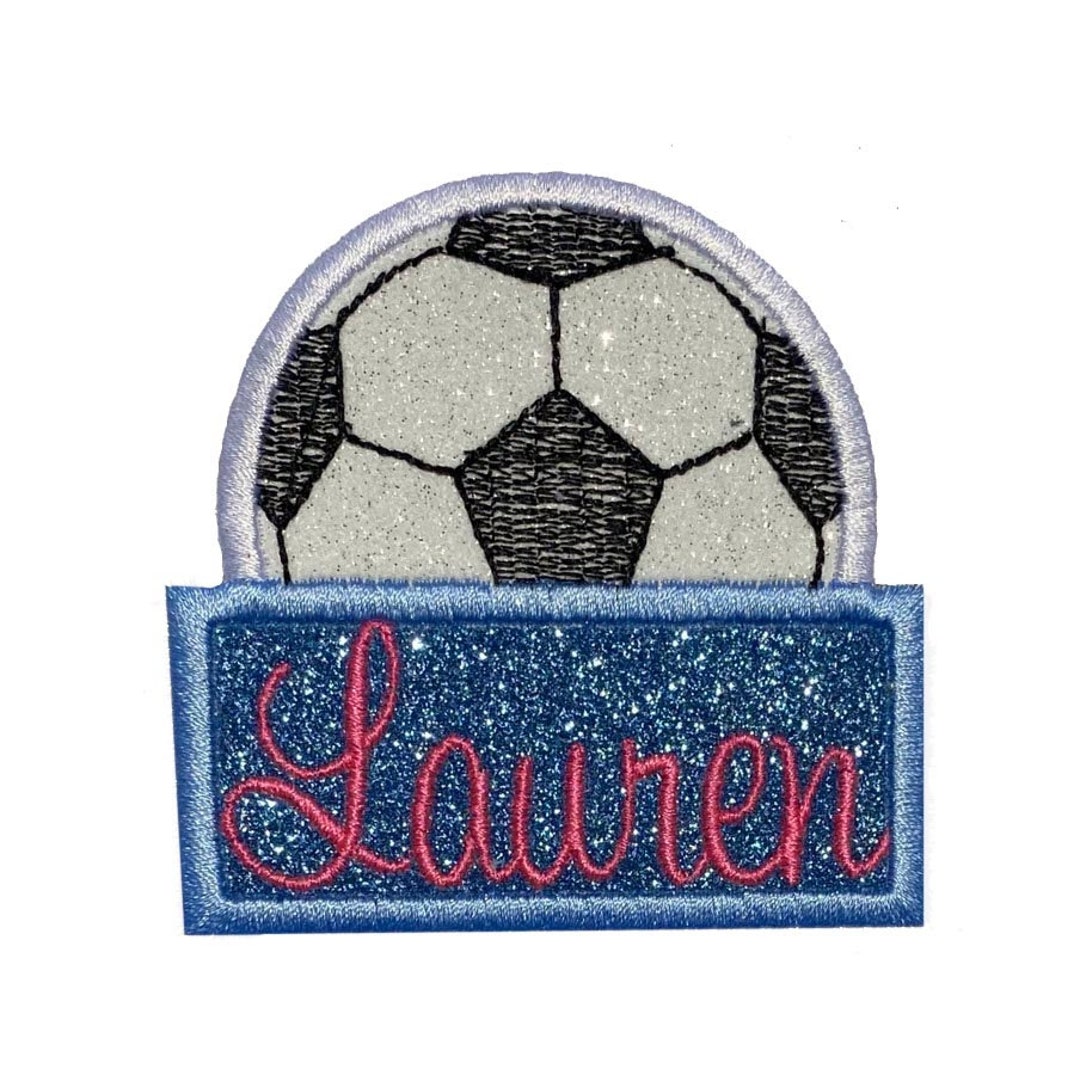 Personalized Soccer Ball Name Patch Embroidered Glitter Iron on Patch Bag Tag Soccer Player ...