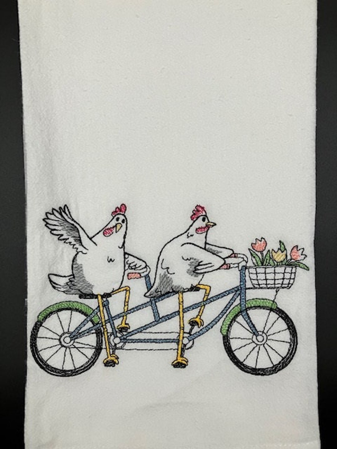 Hens on a Bicycle Chicken Flour Sack Towel. Machine Embroidered ...