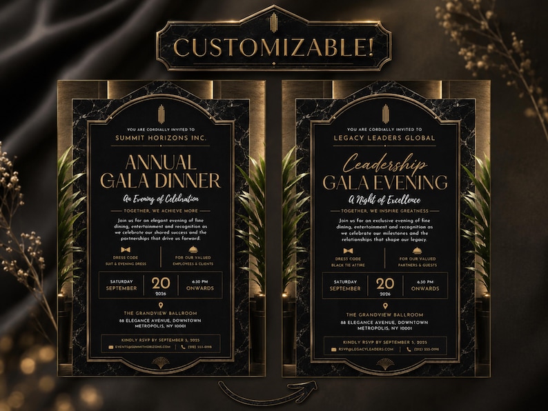 Art Deco Gala Dinner Invitation Template, Black Gold Corporate Event ...