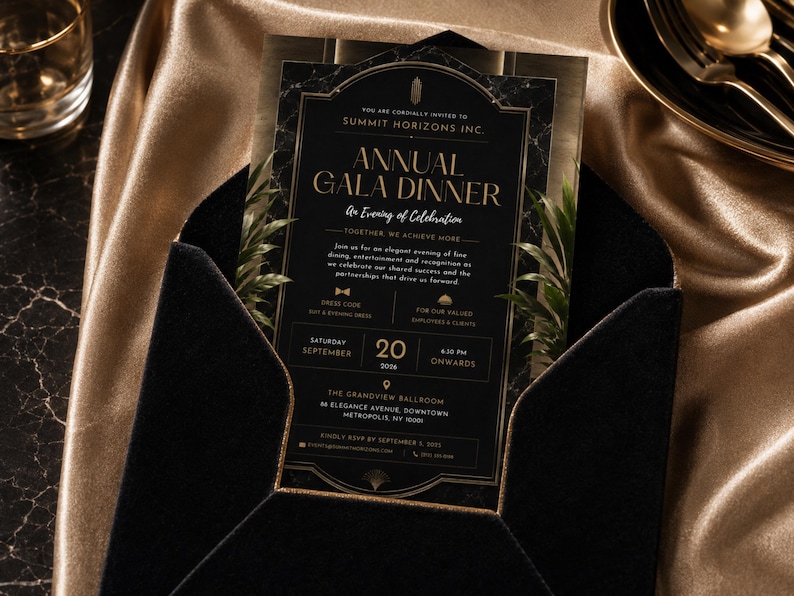 Art Deco Gala Dinner Invitation Template, Black Gold Corporate Event ...