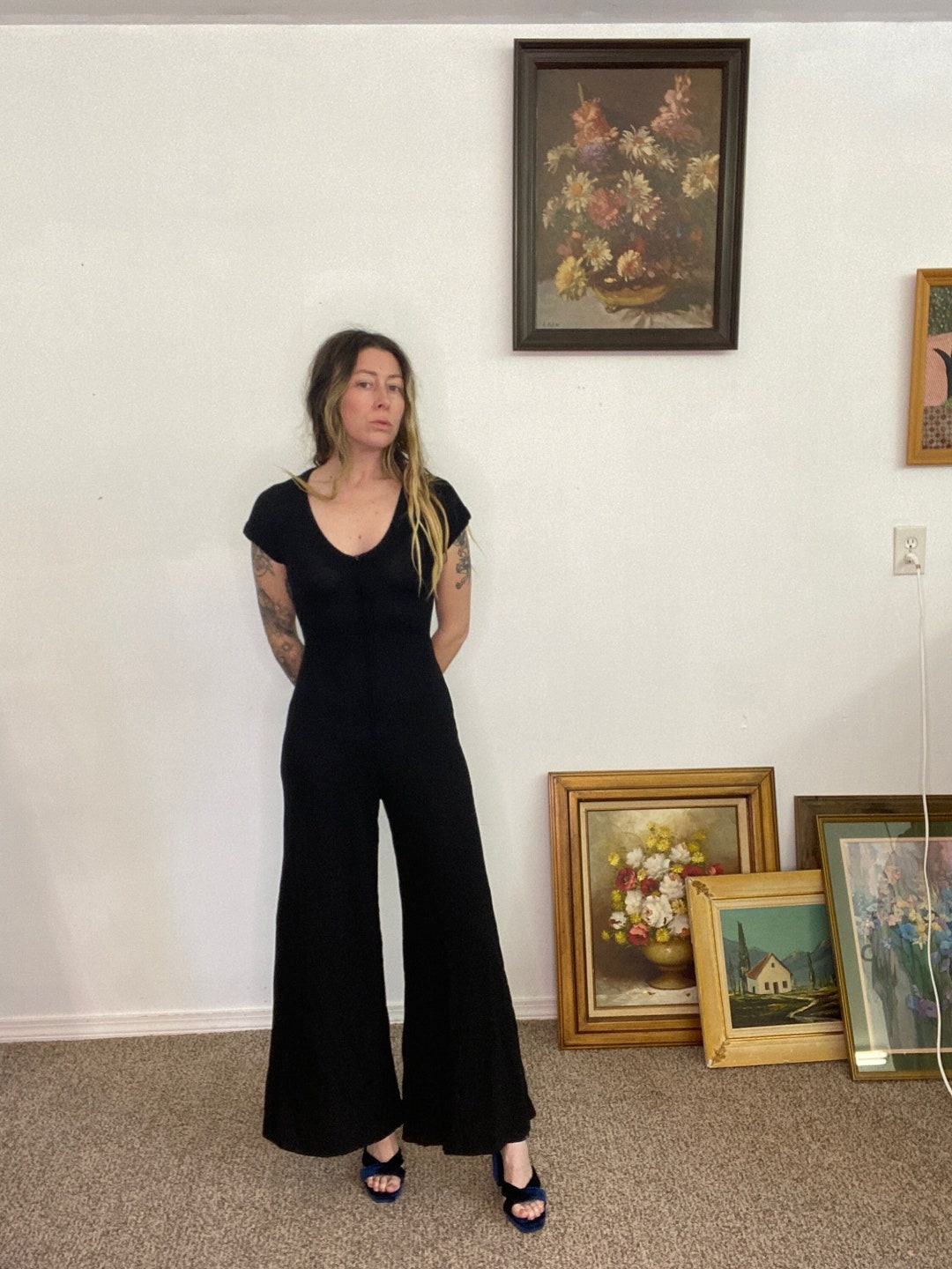 Vintage 1970s 70s, Insane, Perfect, Jumpsuit, Black Jumpsuit, Stretchy ...