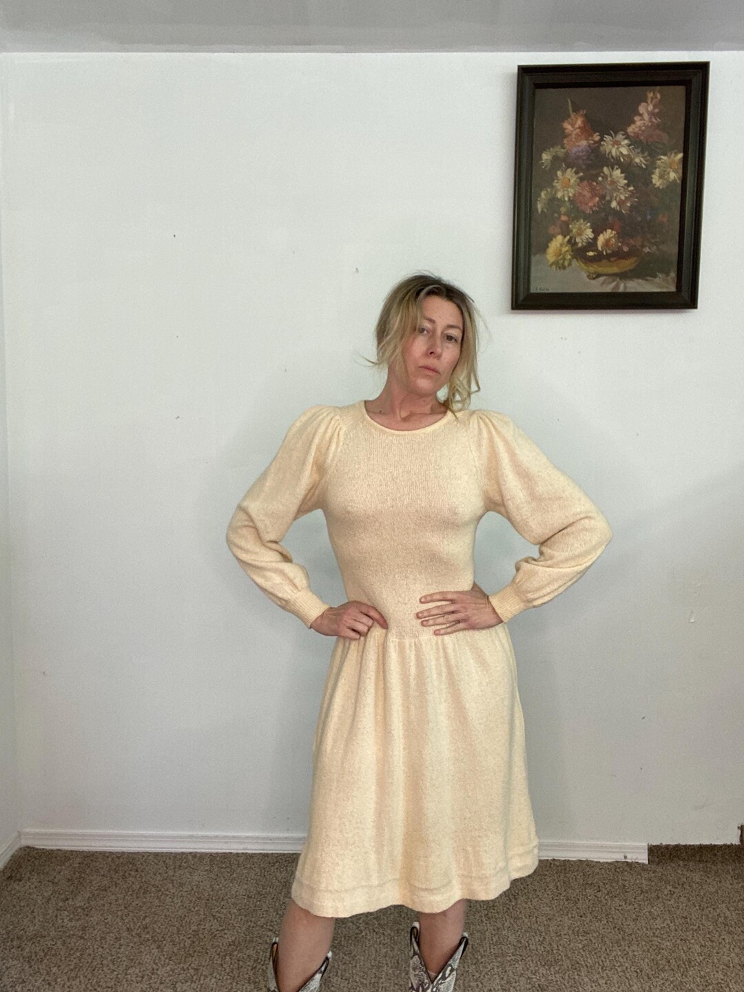 Vintage 1980s 80s, 1990s 90s, Outlander, Sweater Dress, Cream Knit ...