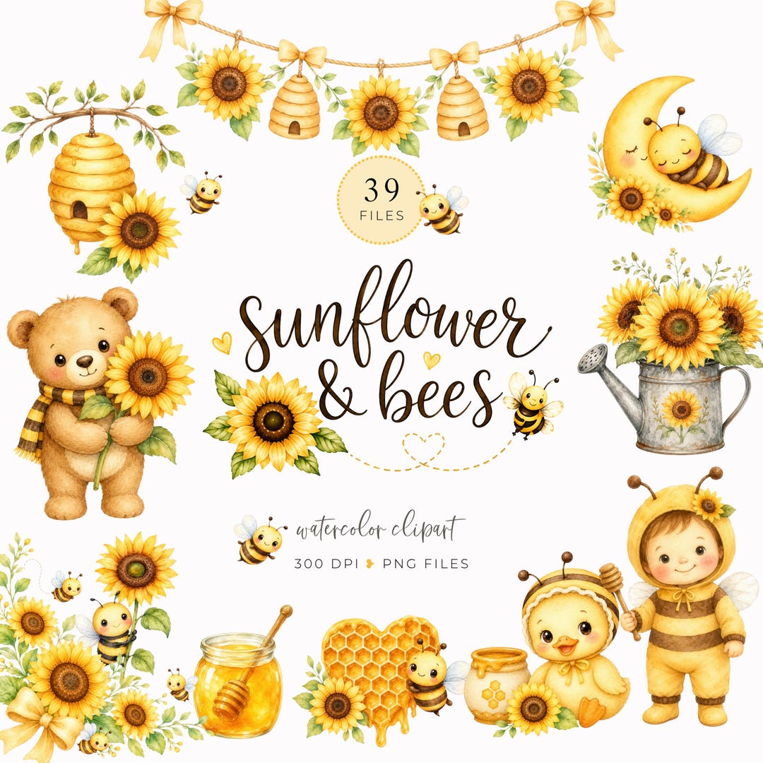 Watercolor Sunflower Bee Clipart Set, Rustic Garden Clipart, Honeycomb ...