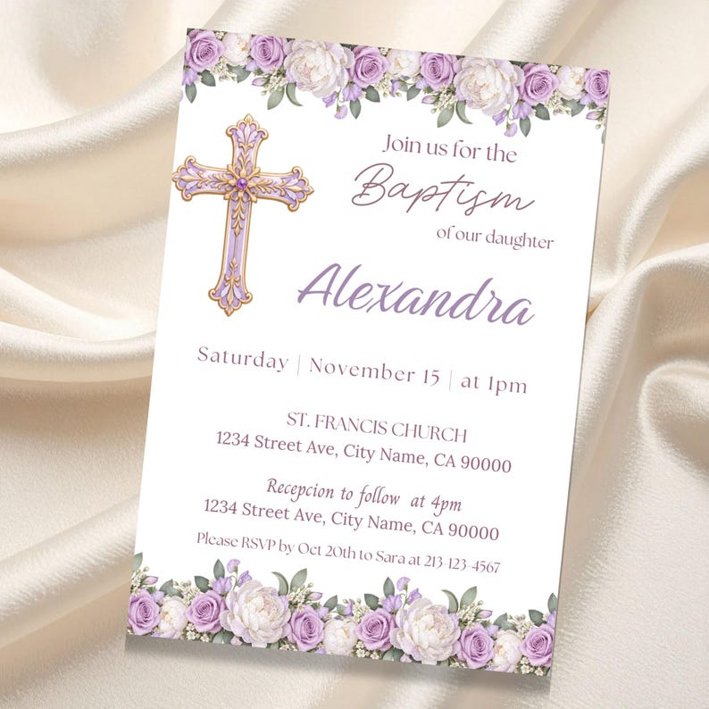 Purple Baptism Invitation, Holy Cross Baptism Invitation, Religious ...