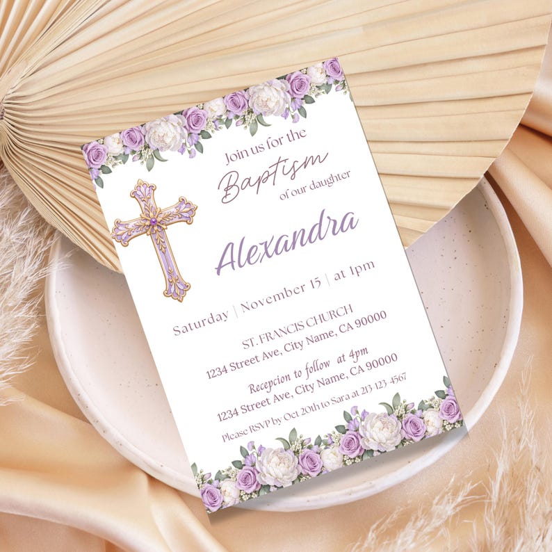 Purple Baptism Invitation, Holy Cross Baptism Invitation, Religious ...
