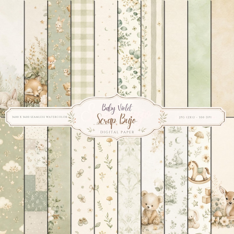Woodland Baby Animals Digital Paper Pack | Sage Green Nursery Scrapbook ...