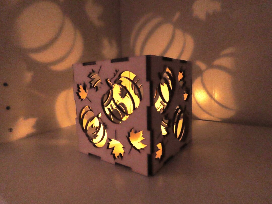 Fall Pumpkins Shadow Casting Wood Lantern, Rustic 4 Inch Candle Holder ...