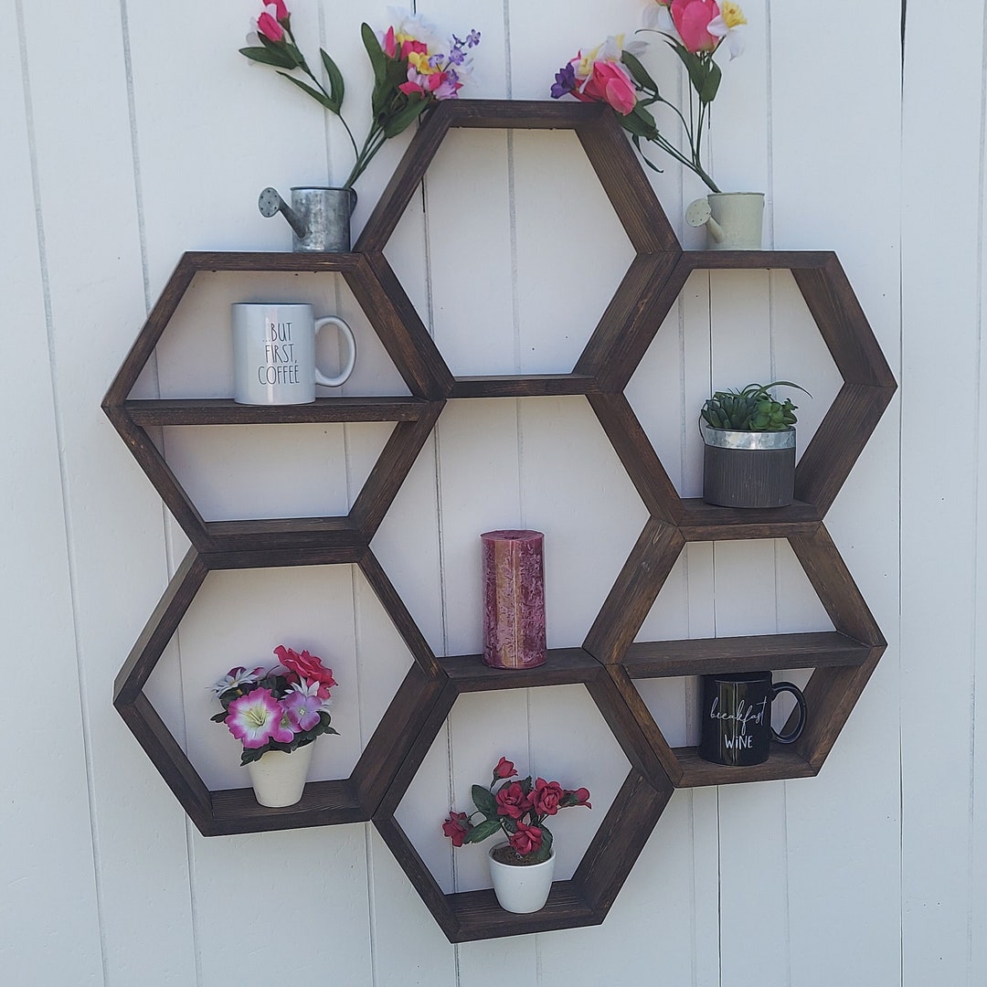 Wooden Hexagon Shelf. Floating Shelf. Wood Honeycomb Shelf. Rustic ...