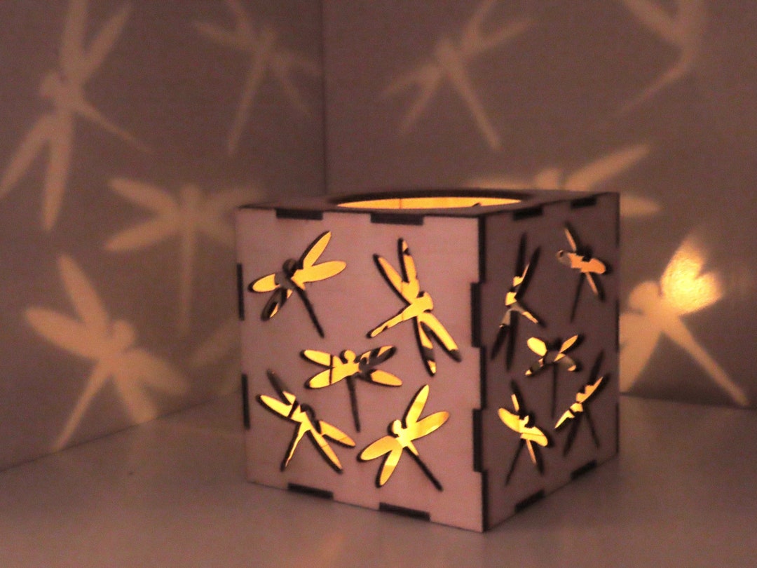 Dragonflies Shadow Casting Wood Lantern, Rustic 4 Inch Candle Holder ...