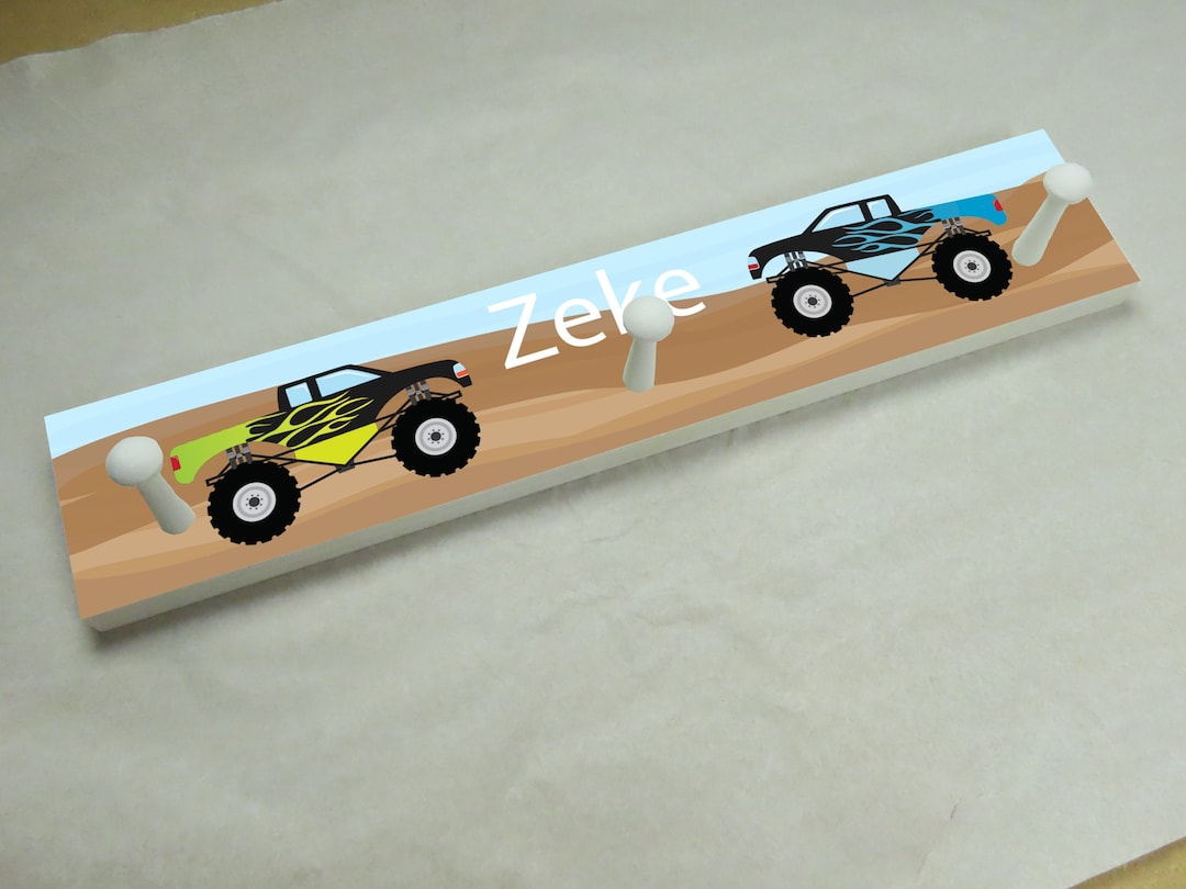 Personalized Coat Rack for Kids, Monster Trucks, Peg Rack, Towel Rack ...