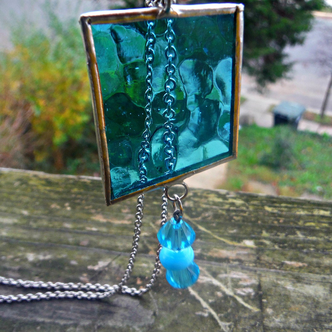 Stained Glass Turquoise Aqua Blue Abstract Necklace, Stained Glass ...